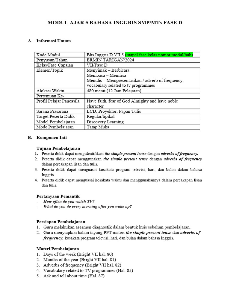 Modul Ajar B-Inggris Bab 5 SMP Grade Vii | PDF | Karier & Perkembangan