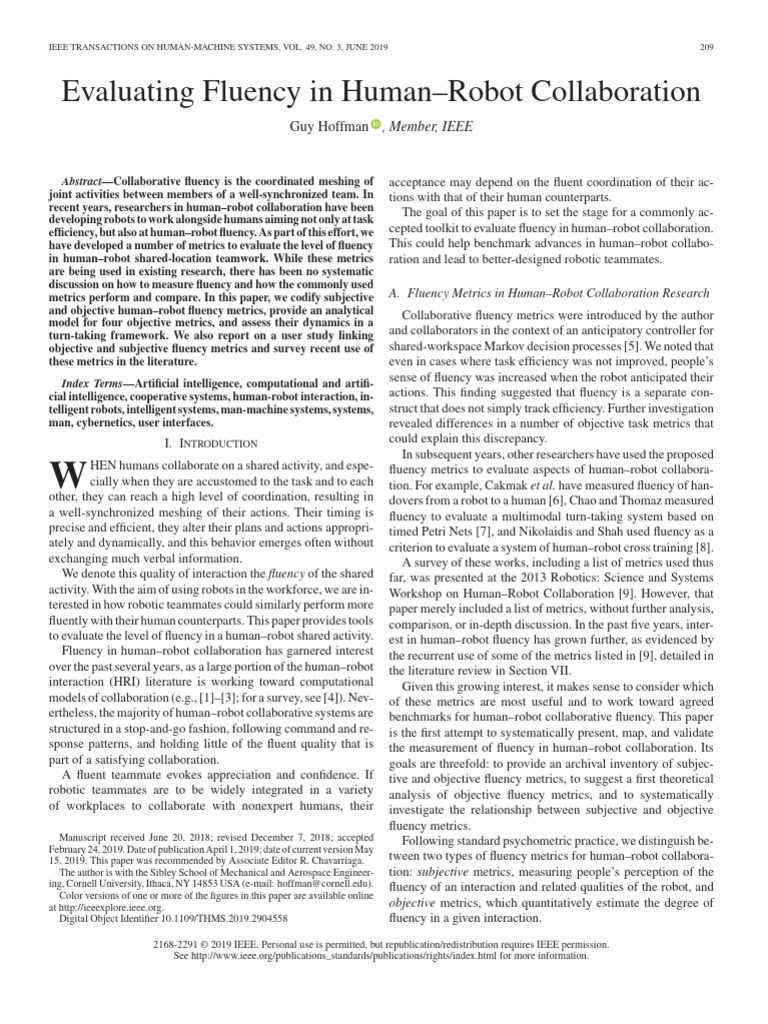 Evaluating Fluencyin Human Robot Collaboration Hoffman 2019 | PDF | Simulation | Performance ...