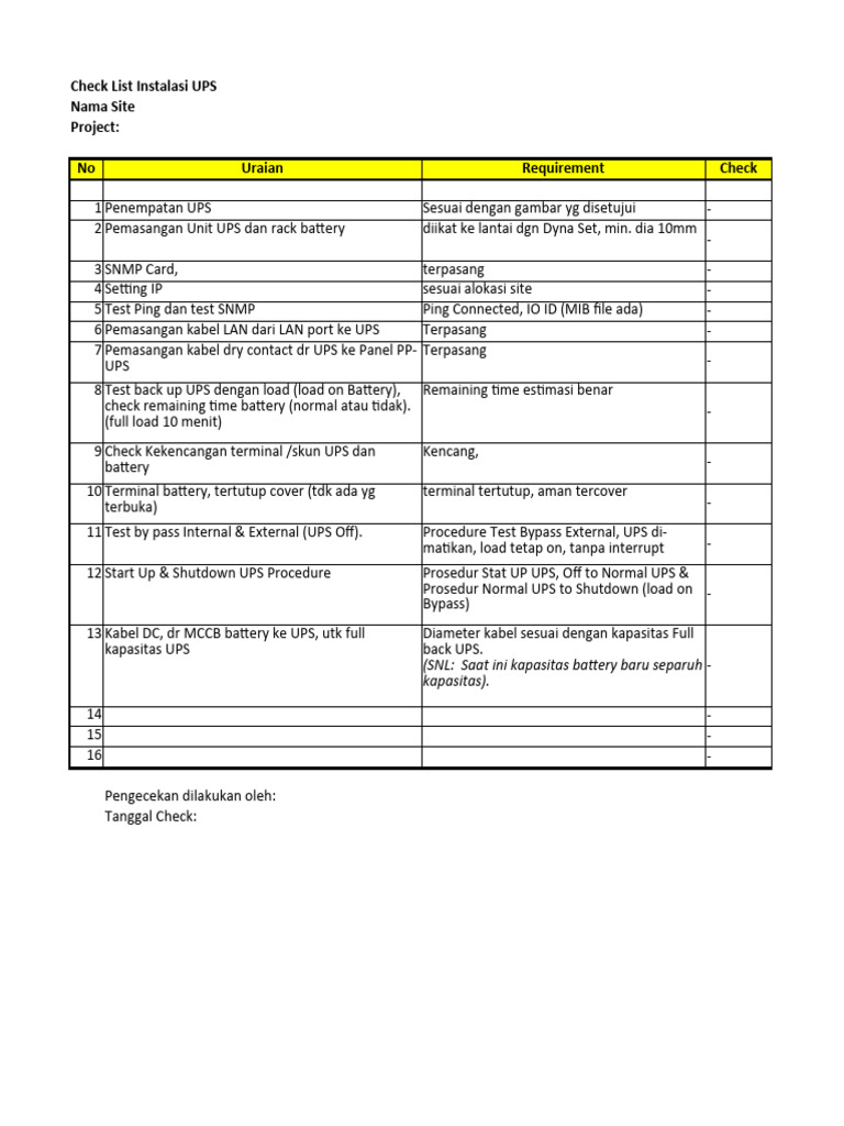 CHeckList Battery & UPS - SNT | PDF