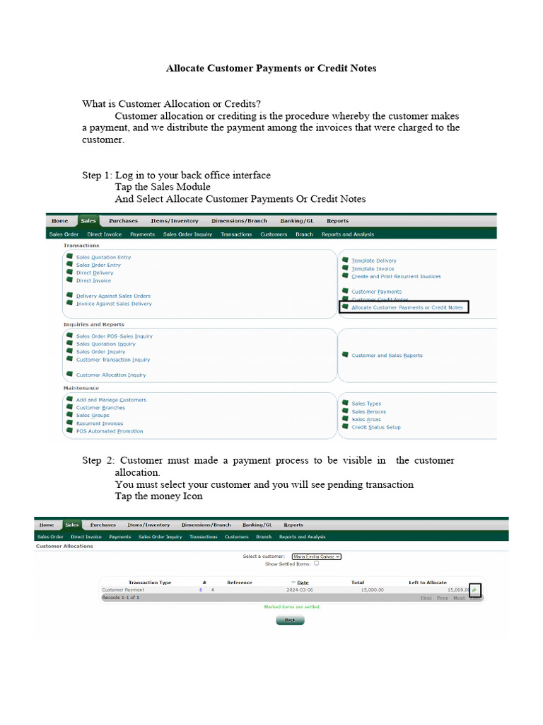 Allocate Customer Payments Or Credit Notes Pdf