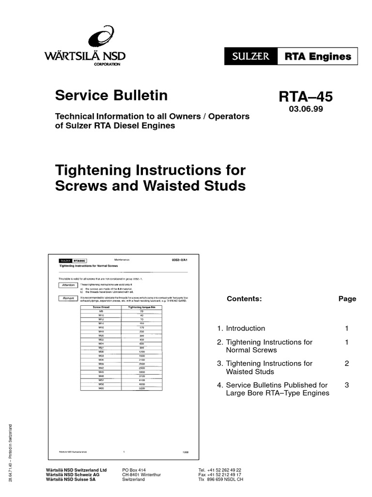 RTA Engine Screw Tightening Guide | PDF | Piston | Valve