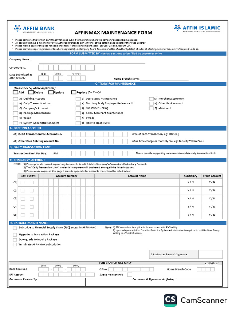 Affinmax Corporate Maintenance Form | PDF | Debit Card | Banks