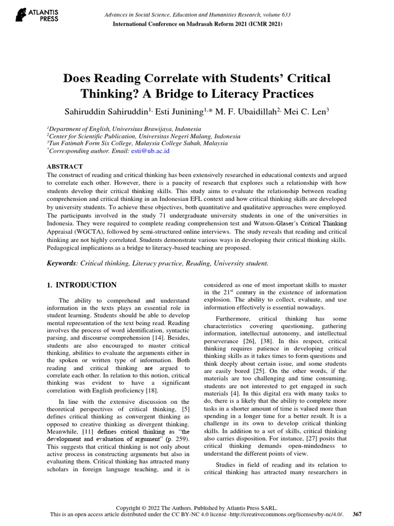 Does Reading Correlate - 2021 | PDF | Critical Thinking | Thought