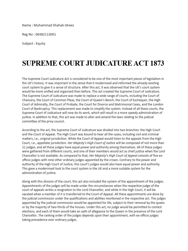 Supreme Court Judicature Act Overview | PDF | Equity (Law) | Common Law