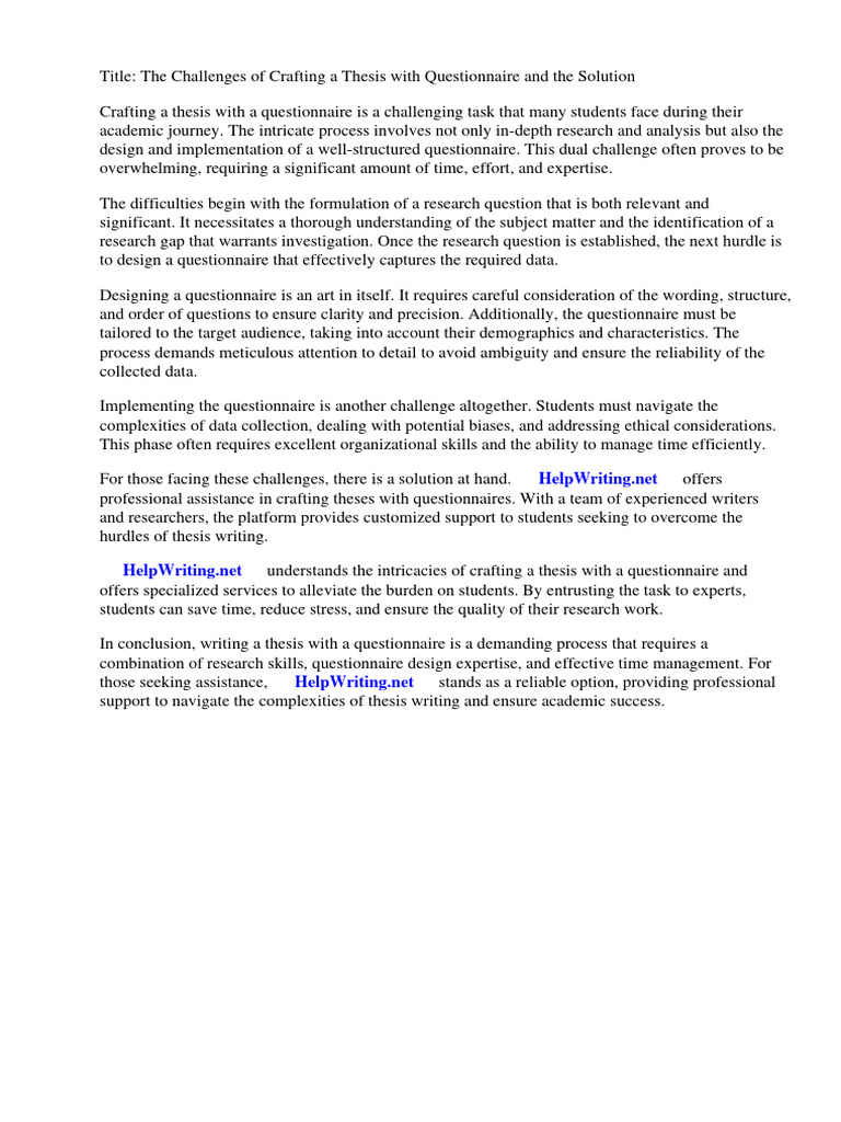 Sample Thesis With Questionnaire Pdf Survey Methodology Questionnaire