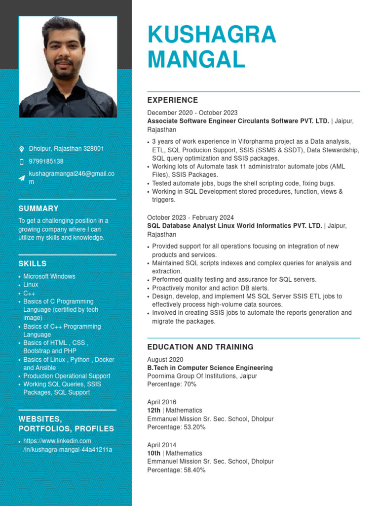 Kushagra Mangal CV | PDF | Sql | Microsoft Sql Server