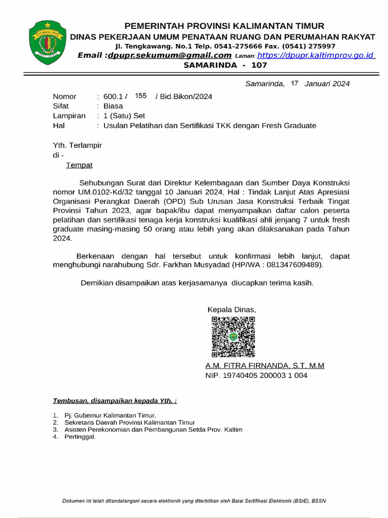 Surat Pelatihan & Sertifikasi TKK Fresh Graduate PT | PDF