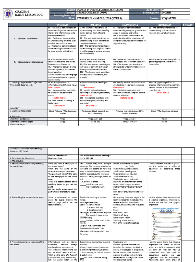 DLL - English 4 - Q3 - W5 | PDF | Learning | Noun DLL - English 4 - Q3 - W5 | PDF | Learning | Noun