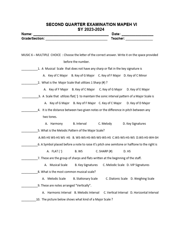 2nd Quarter Test Mapeh 6 | PDF | Scale (Music) | Interval (Music)