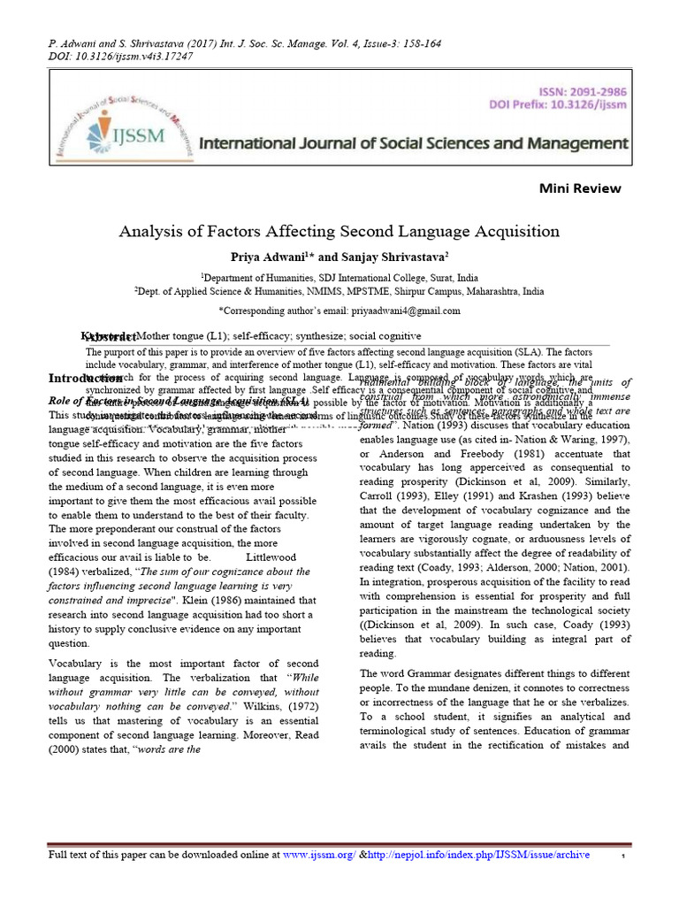 Analysis of Factors Affecting Second Language Acqu | PDF | Second Language Acquisition | Self ...