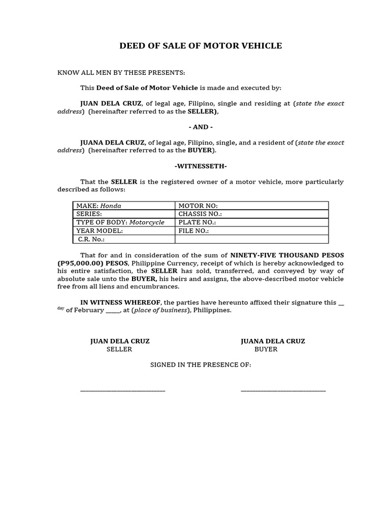 Sample Deed of Sale SCOOTER | PDF | Motor Vehicle | Transport