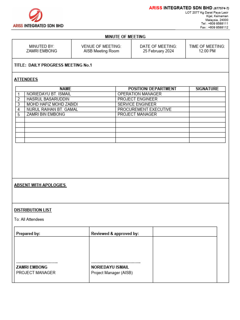 Daily Progress Meeting Minutes No.1 | PDF