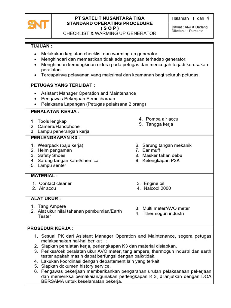 SOP - Checklist & Warming Up Genset | PDF