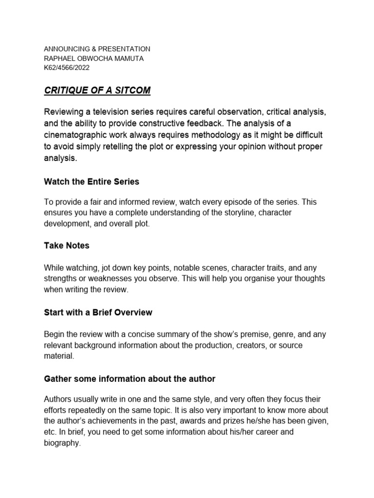 Sitcom Review Guide for Critics | PDF | Art
