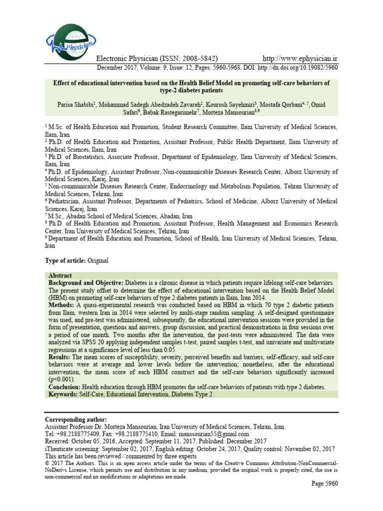 2017 Shabibi Effect of Educational Intervention Based on HBM on Self ...