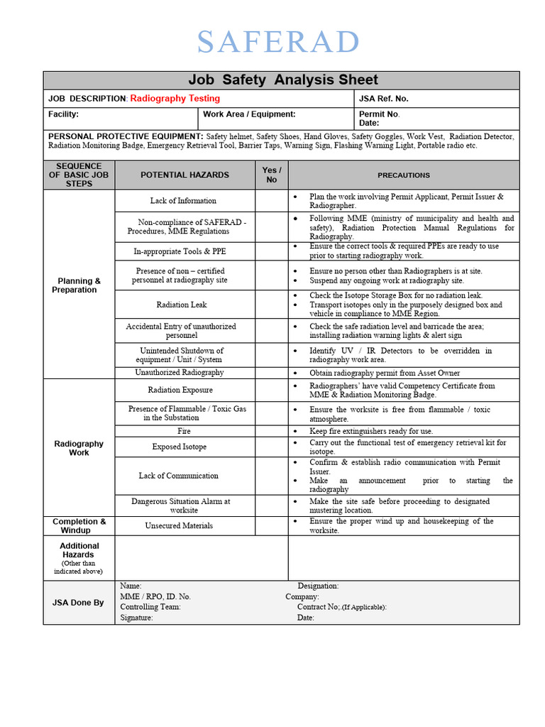 Radiography Job Safety Analysis Guide | PDF | Radiography | Personal ...