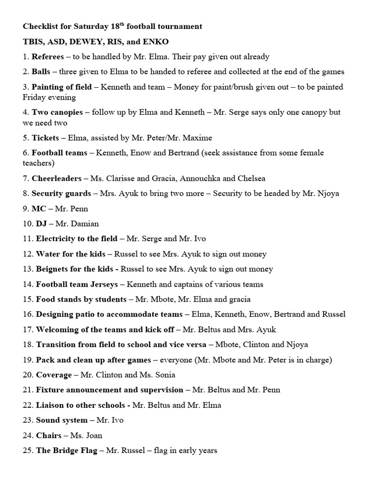 Checklist For Saturday 18th | PDF