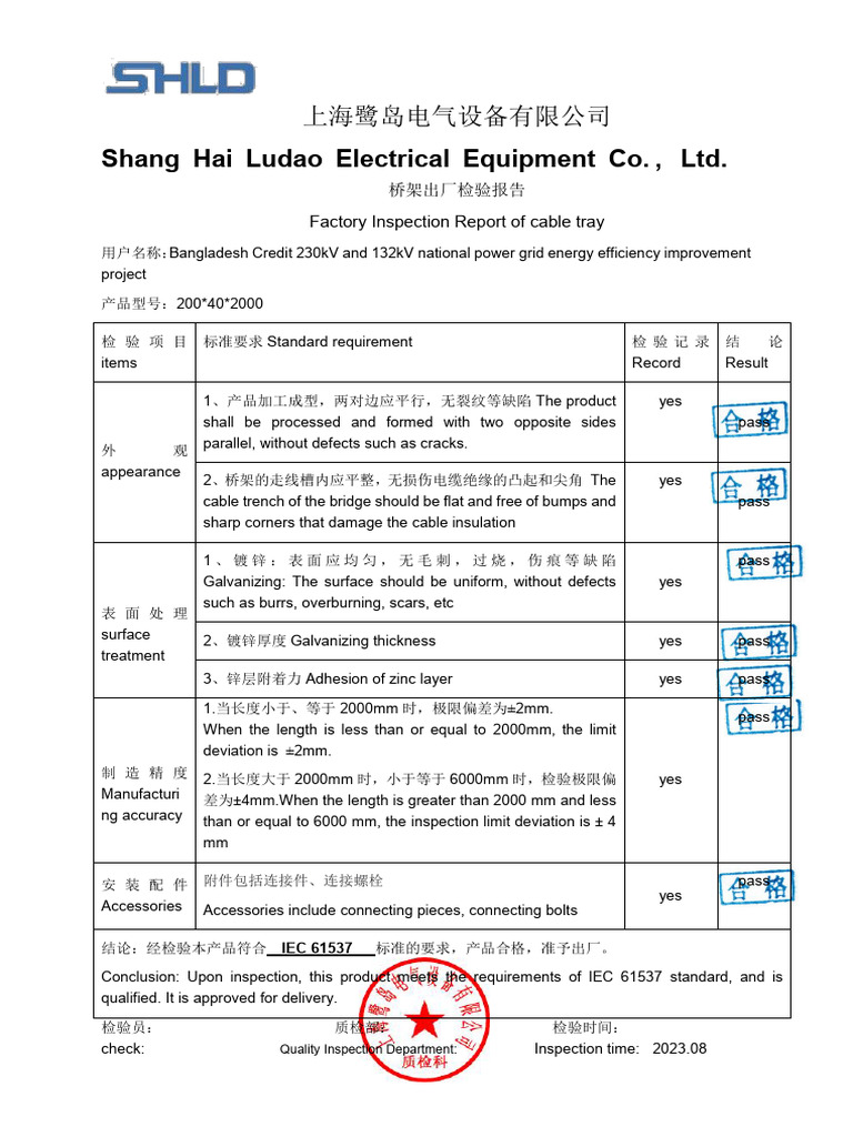 KFW1.1 Cable Tray Routine Test Report 2023.9.18 | PDF | Insulator ...
