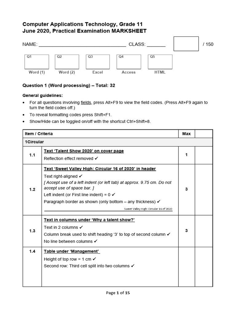 Grade 11 Computer Applications Exam Marksheet | PDF