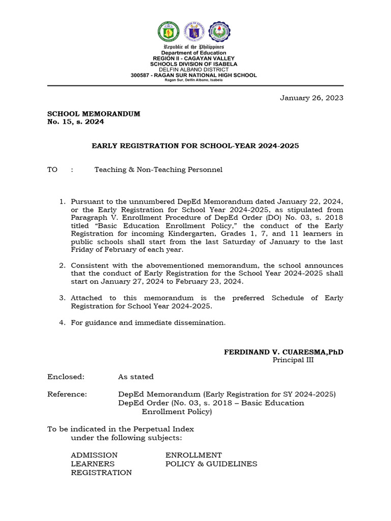 Memo No. 15 - Early Reg 2024-2025 | PDF