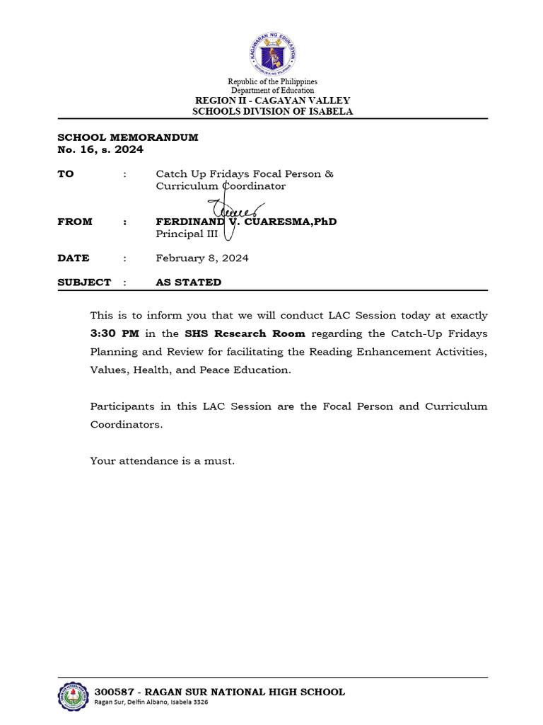 Memo #16 For Catch Up Fridays LAC SEssion | PDF