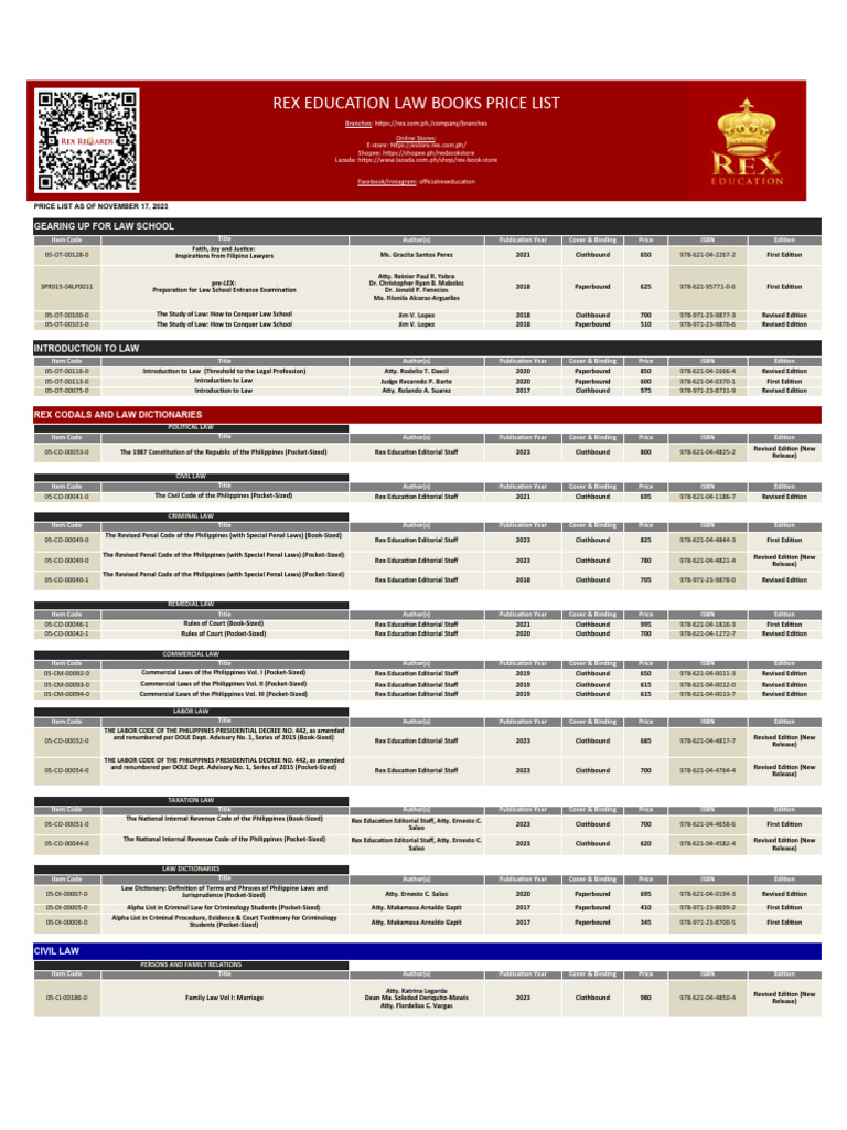 Rex Education (REX Book Store) Law Books Pricelist (11.17.2023) | PDF | Hardcover | Justice