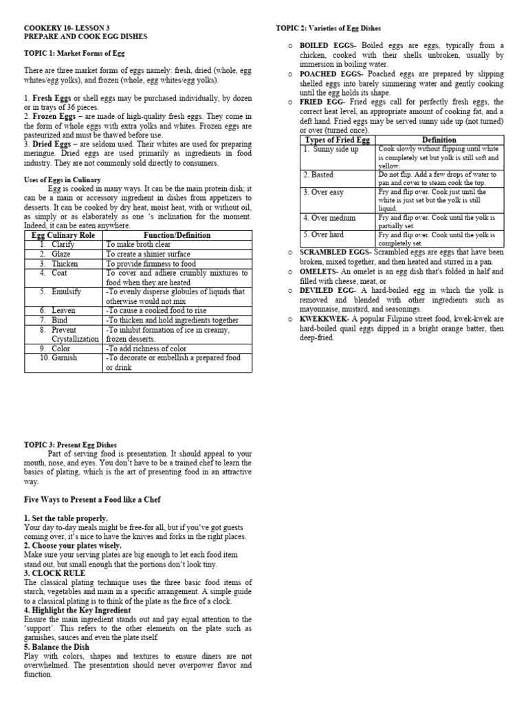 Tle Notes Lesson 3 1 Pdf Egg As Food Cooking