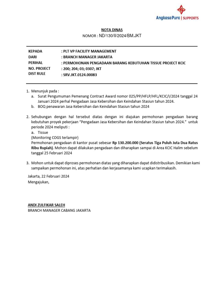 ND 130 PERMOHONAN PENGADAAN BARANG KEBUTUHAN TISSUE PROJECT KCIC ...