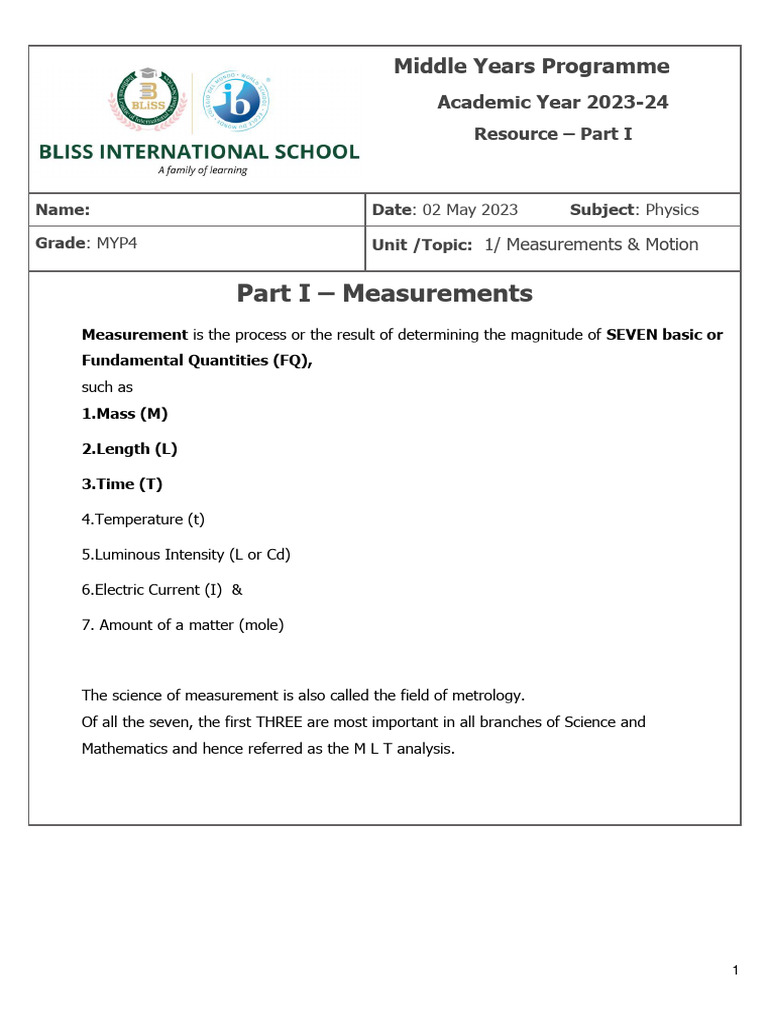 2023-24 MYP4 Phy U1 Resource Part I On M&M-02 May | PDF | International System Of Units | Mass