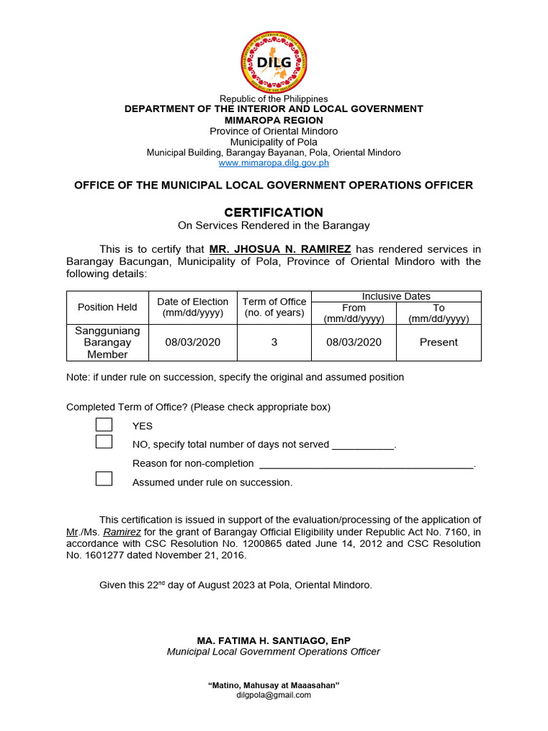 LH 2022 Certification of Services Rendered For For CSC Eligibility | PDF