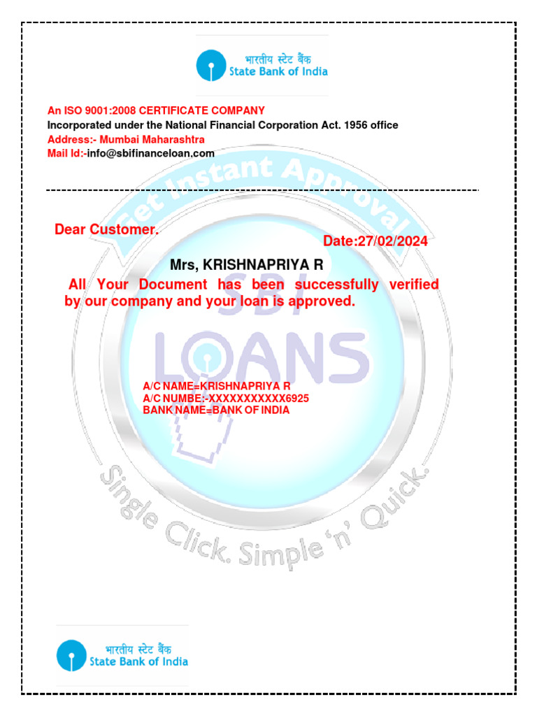 Krishnapriya R Loan Approval Latter | PDF