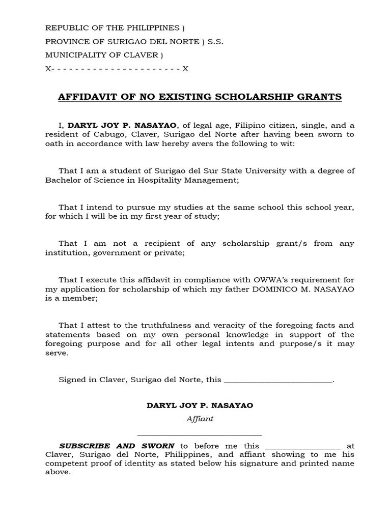 AFFIDAVIT OF NO SCHOLARSHIP OWWA | PDF