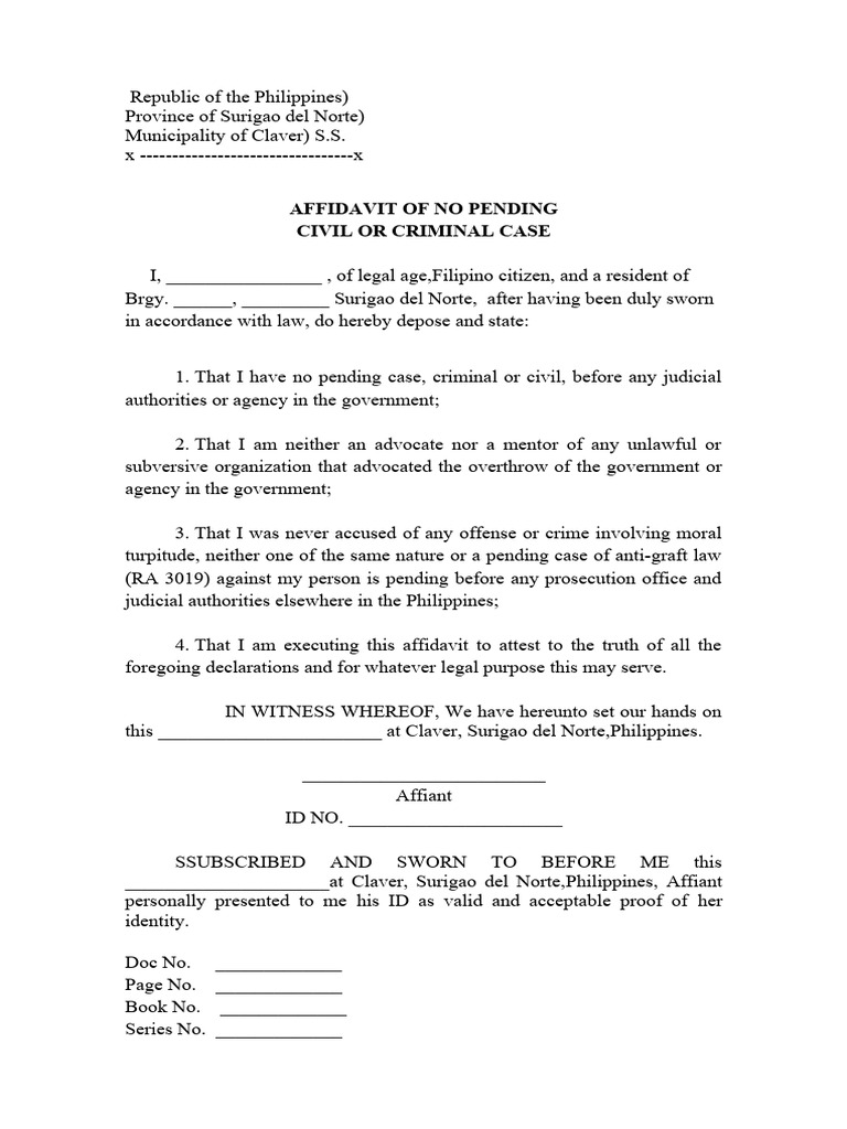 Affidavit of No Pending Civil or Criminal Case | PDF