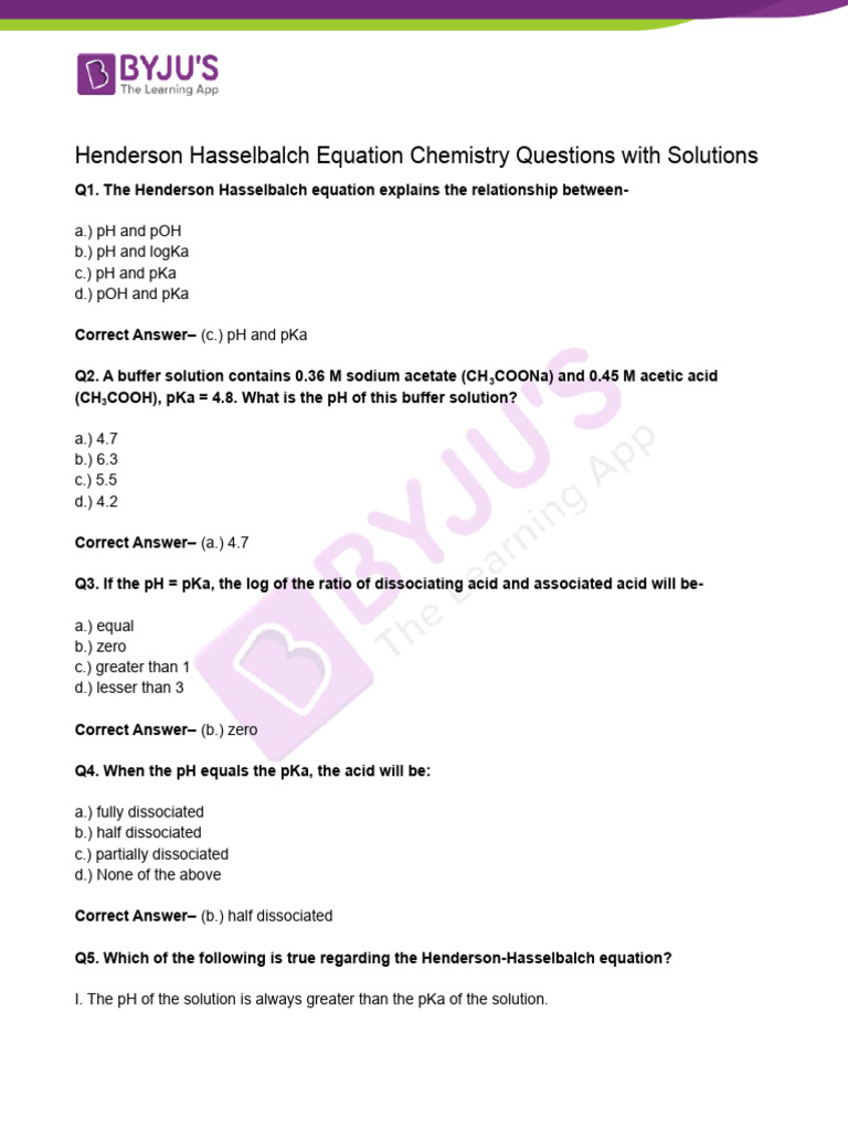 Henderson Hasselbalch Equation Questions | PDF | Acid Dissociation Constant | Buffer Solution