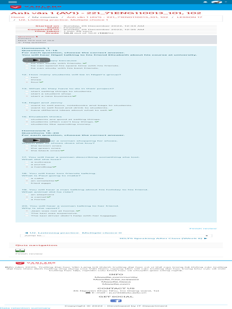 U2. Listening Practice. Multiple Choice 1 Attempt Review | PDF | Vietnam