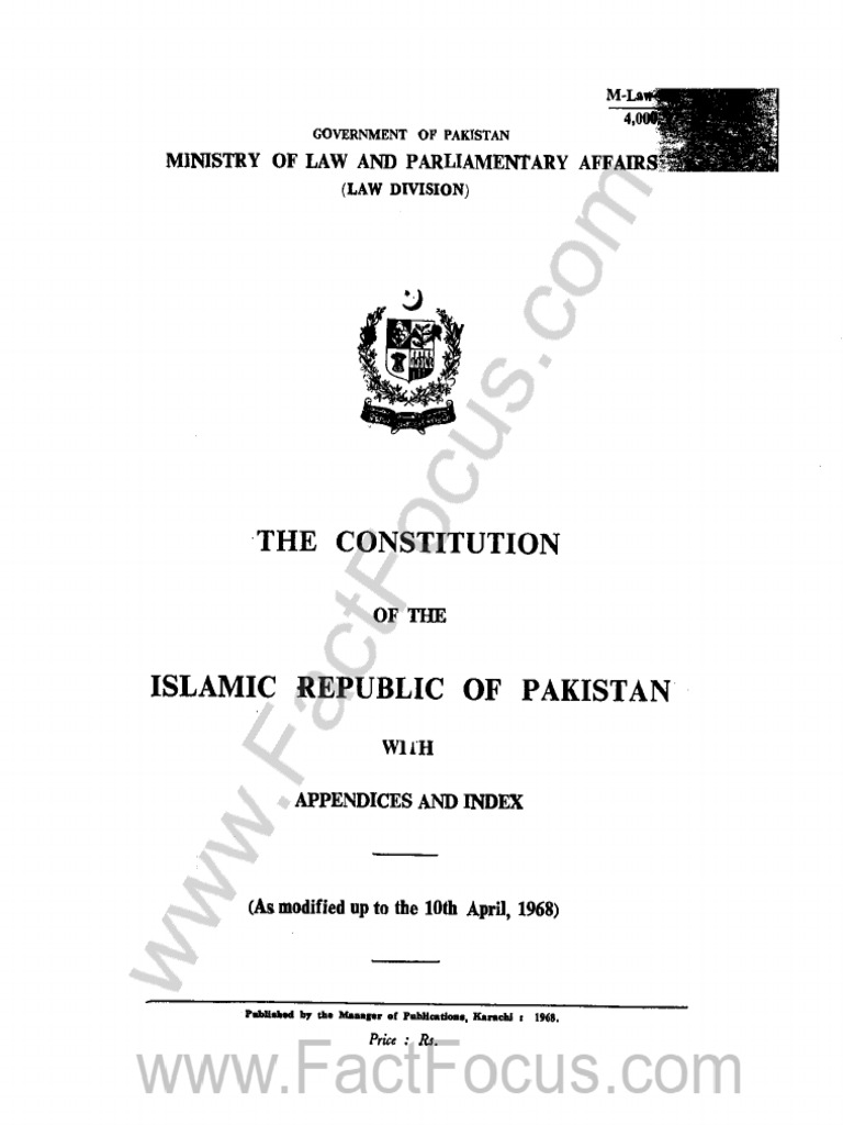 Constitution of Islamic Republic of Pakistan 1962 With Appendix and ...
