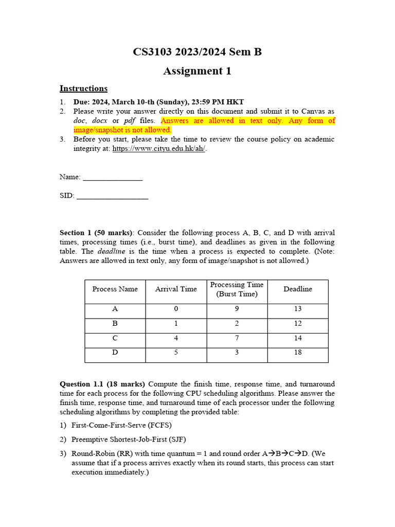 Assignment 1 Answersheet 20240224 | PDF | Scheduling (Computing) | Information Technology