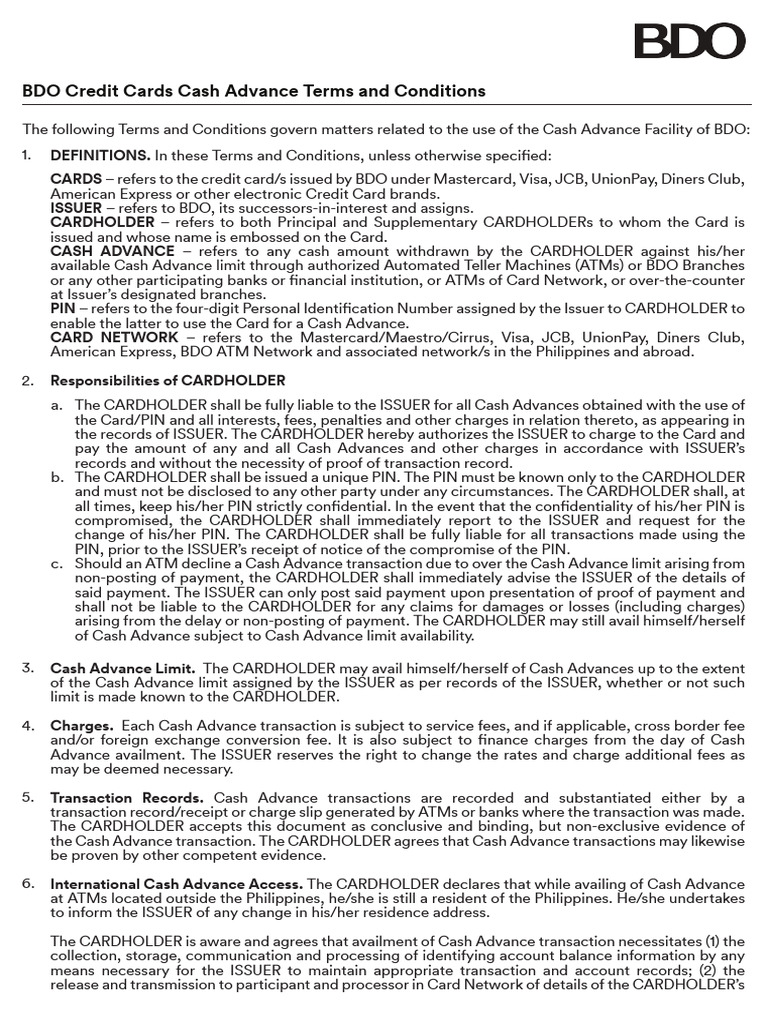 BDO Credit Card Cash Advance Terms | PDF | Credit Card | Personal Identification Number