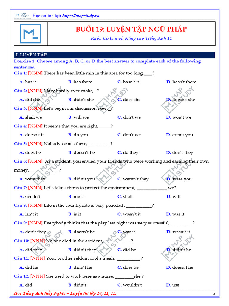 Bai 19 (Luyen Tap Ngu Phap) Lam Bai Tap Ngu Phap Chuyen Sau Ve 2 Chu Diem Ngu Phap Vua Hoc | PDF