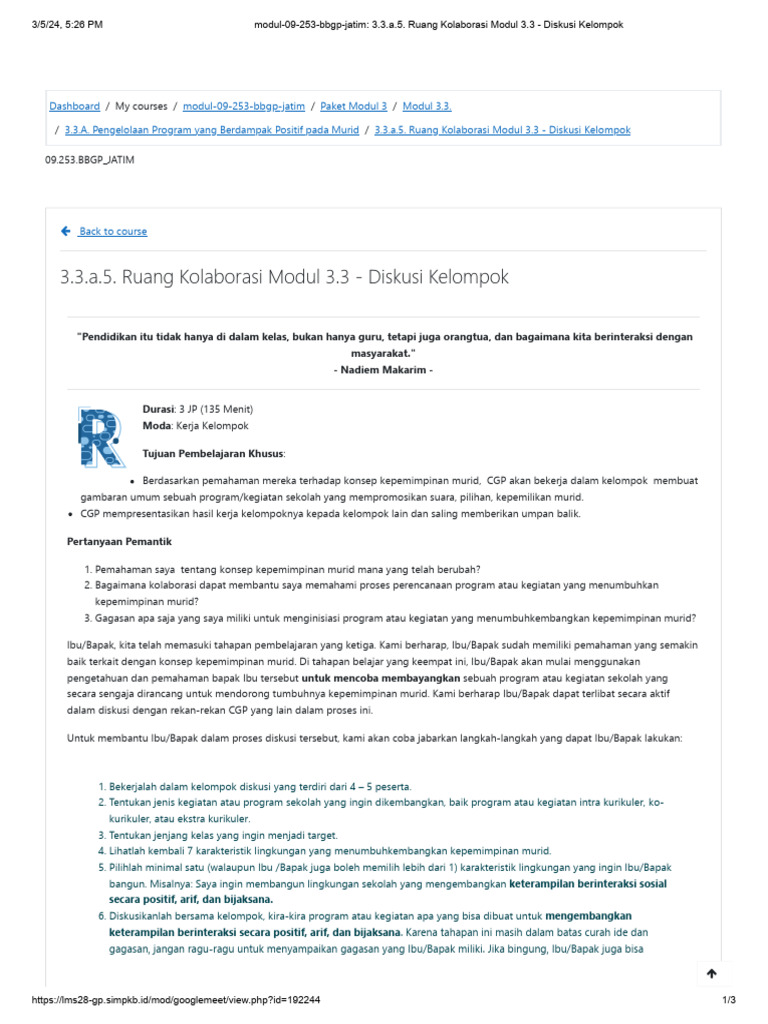 Modul-09-253-Bbgp-Jatim - 3.3.a.5. Ruang Kolaborasi Modul 3.3 - Diskusi Kelompok | PDF