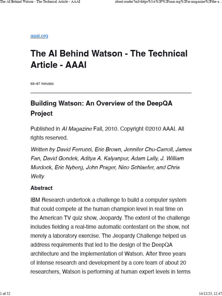 The AI Behind Watson - The Technical Article - AAAI | PDF | Accuracy ...