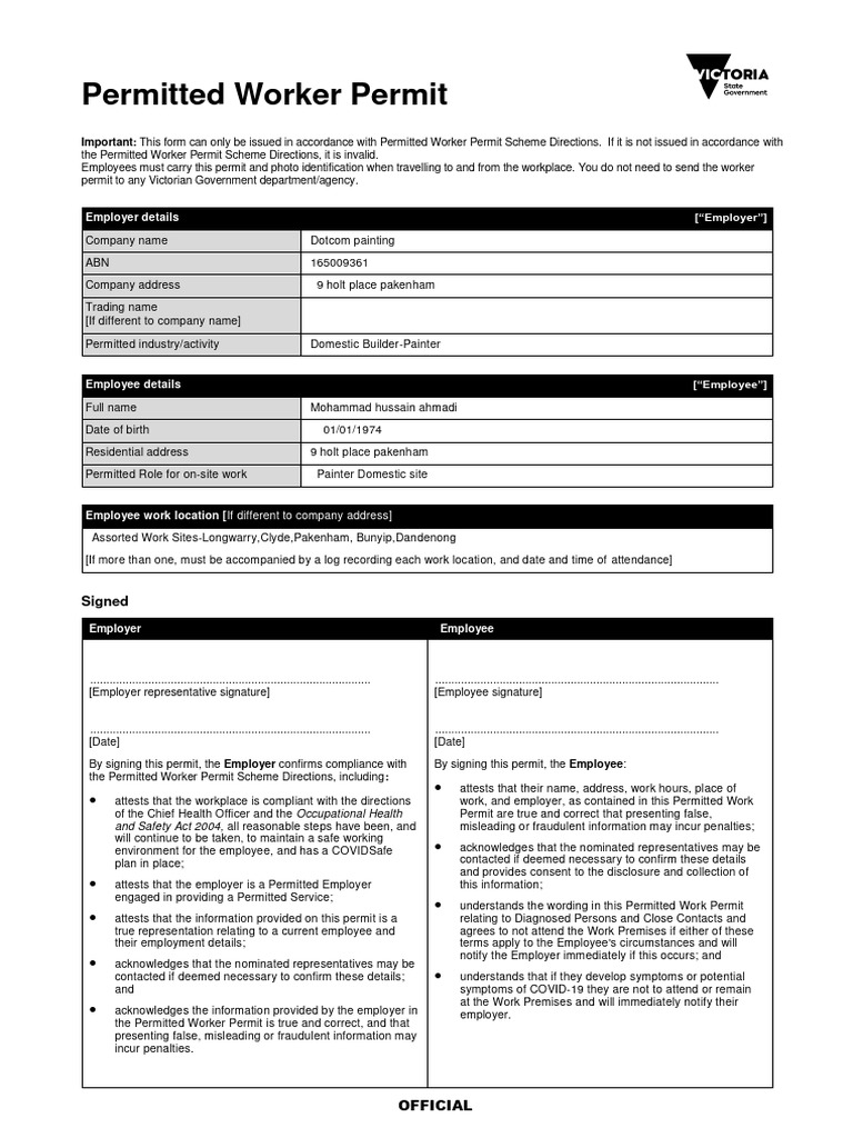 Permitted Worker Permit Form - Final 10092020 | PDF