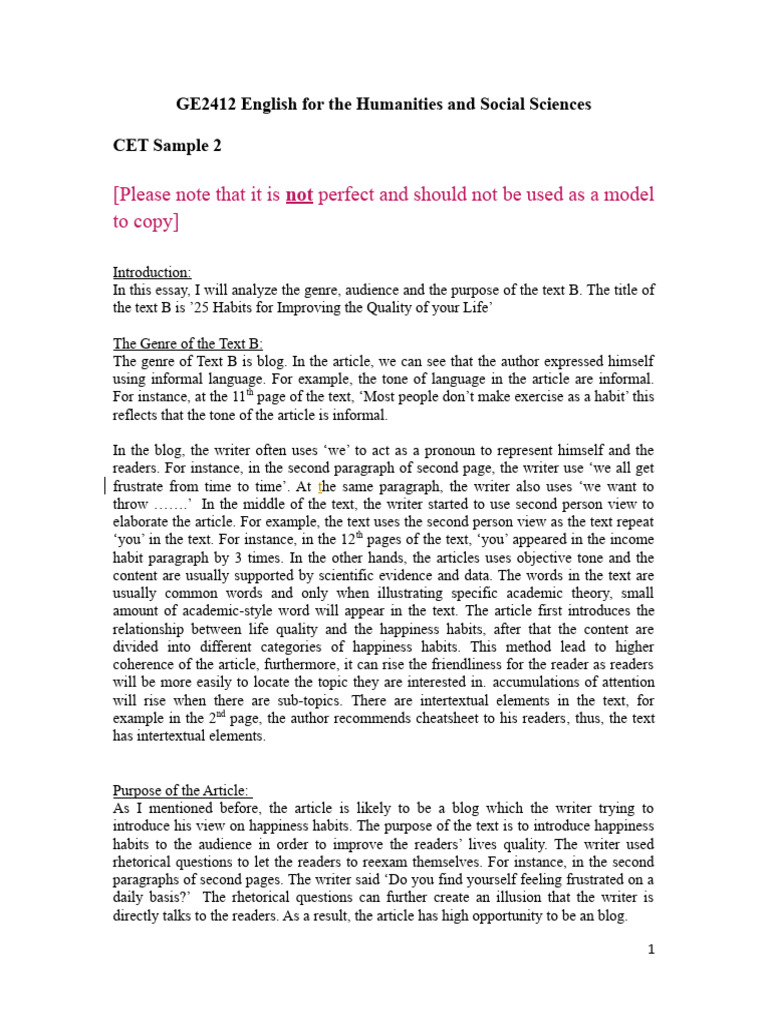 GE2412 CET Sample 2 | PDF | Essays | Happiness