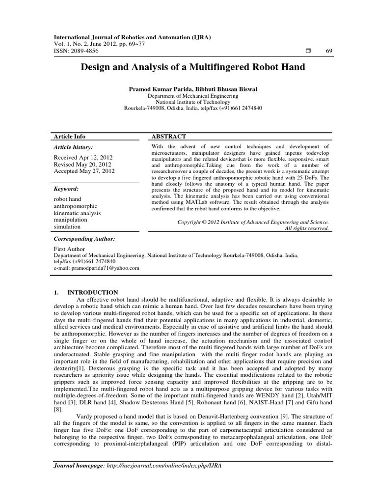 Design and Analysis of A Multifingered Robot Hand | PDF | Hand | Thumb