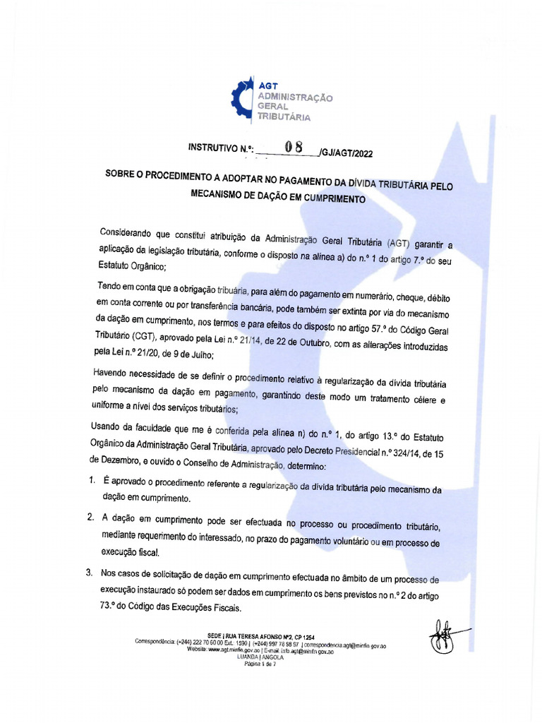Instrutivo n.º08_GJ_AGT_2022 SOBRE O PROCEDIMENTO A ADOPTAR NO ... Instrutivo n.º08_GJ_AGT_2022 SOBRE O PROCEDIMENTO A ADOPTAR NO ...
