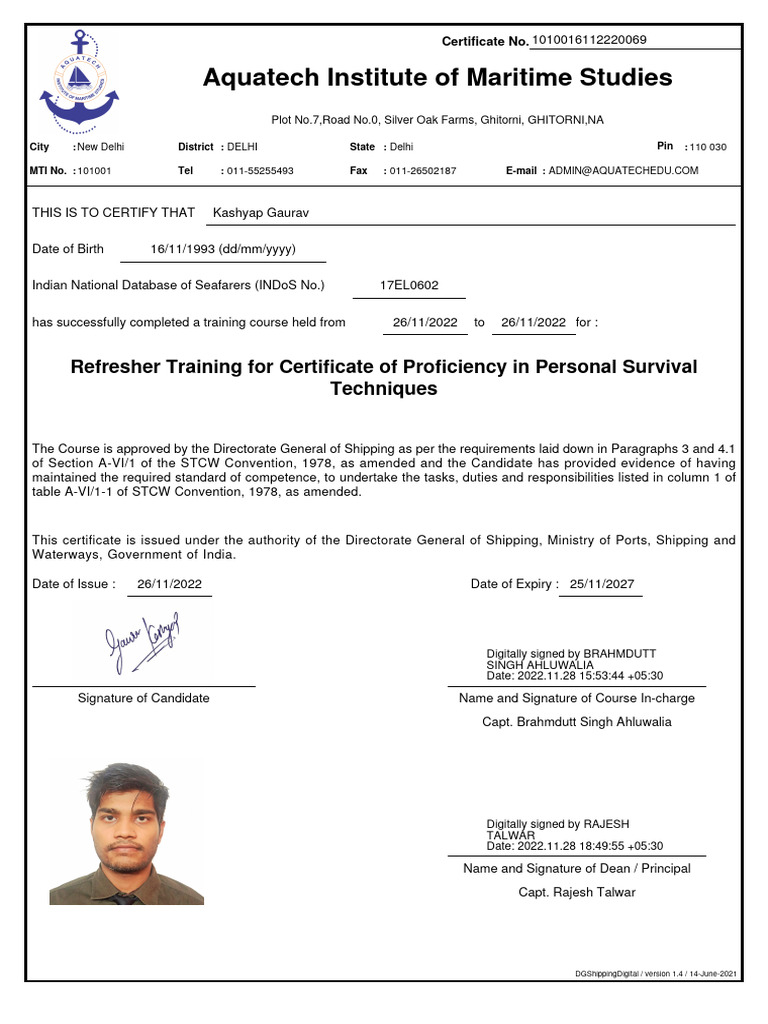 Certificate of Proficiency in Survival Techniques | PDF