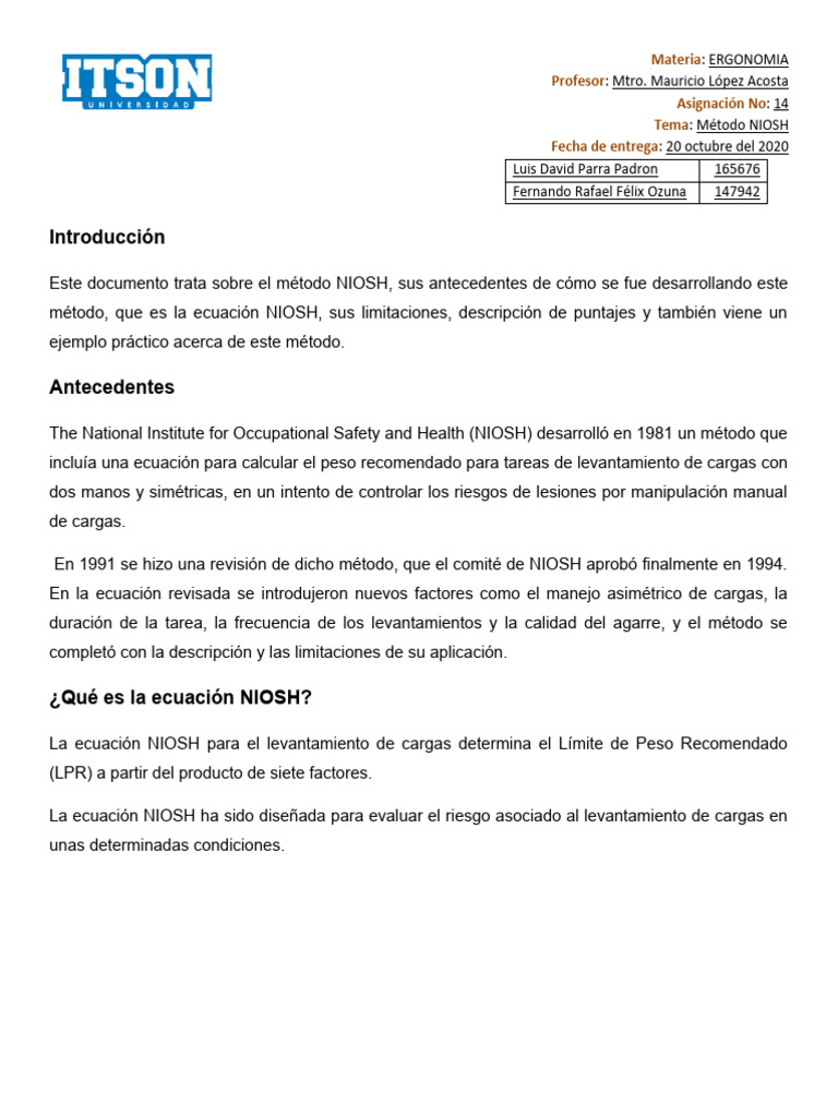 Método NIOSH: Ecuación y Ejemplo Práctico | PDF | Factores humanos y ergonomía