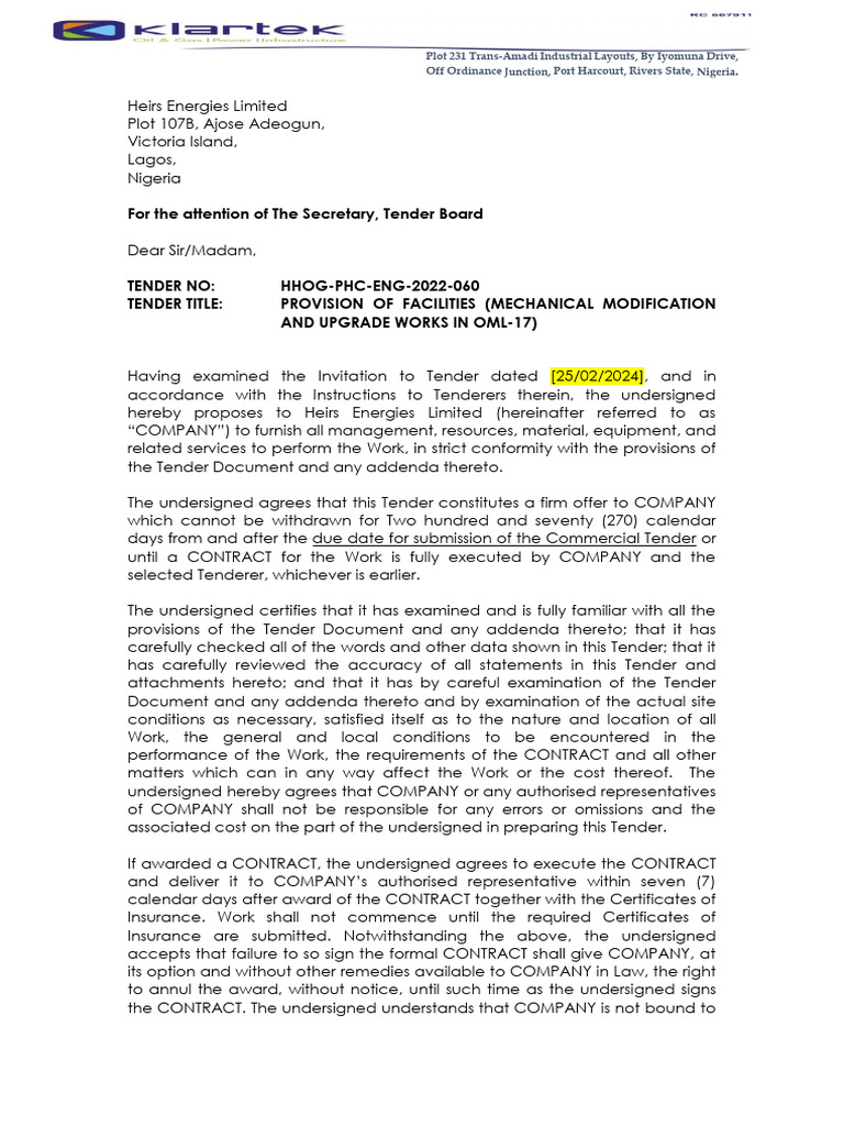 Tender Form A - Form of Technical Tender | PDF | Common Law | Government