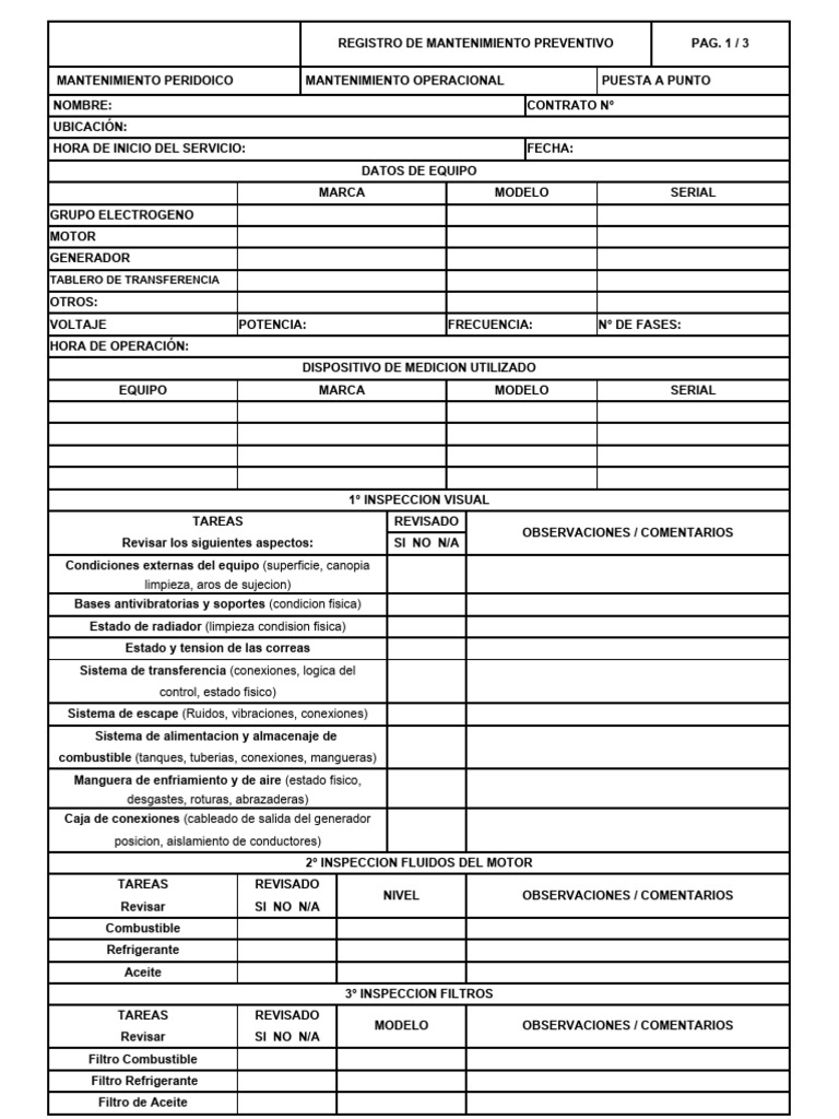 Registro de Mantenimiento Preventivo | PDF | Generador eléctrico | Ingenieria Eléctrica