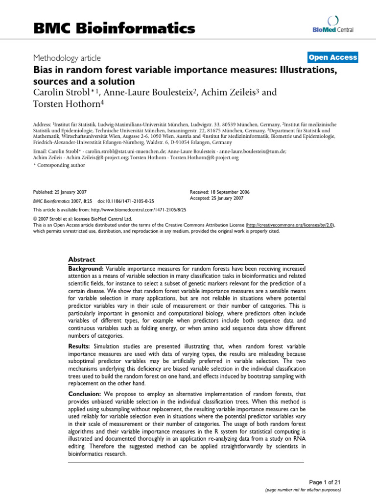 BMC Bioinformatics: Bias in Random Forest Variable Importance Measures: Illustrations, Sources ...